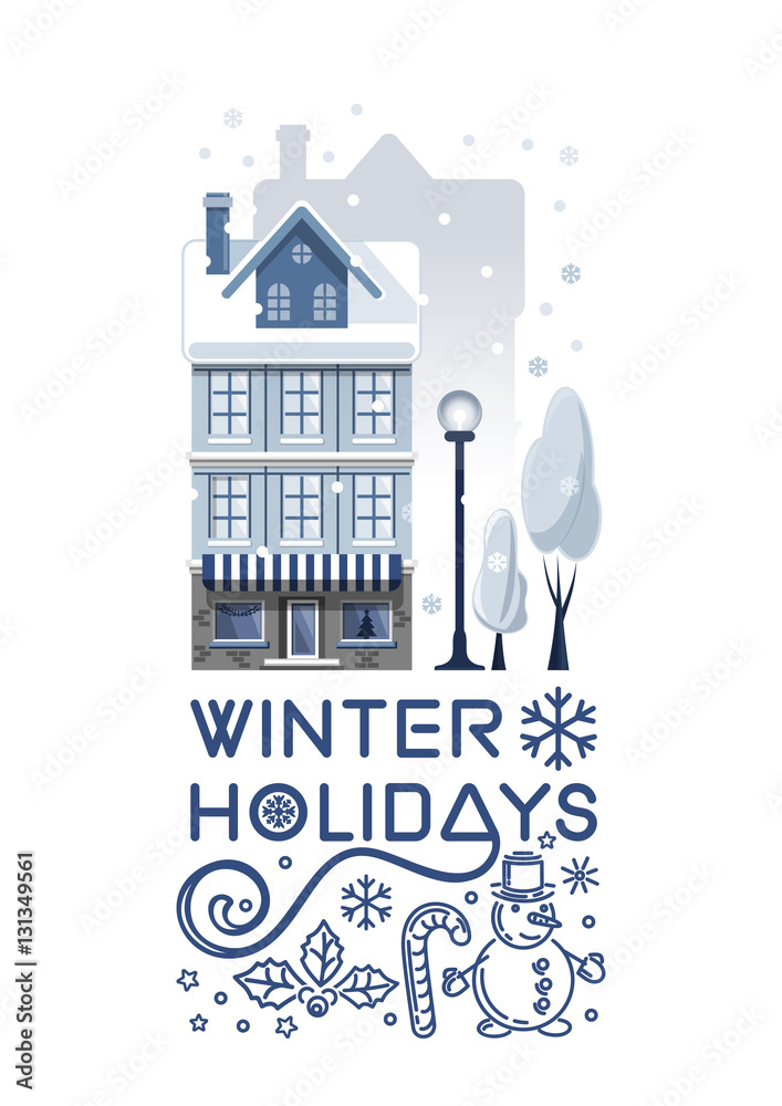 Logo design for the winter holidays. Winter, snow-covered street, house ...