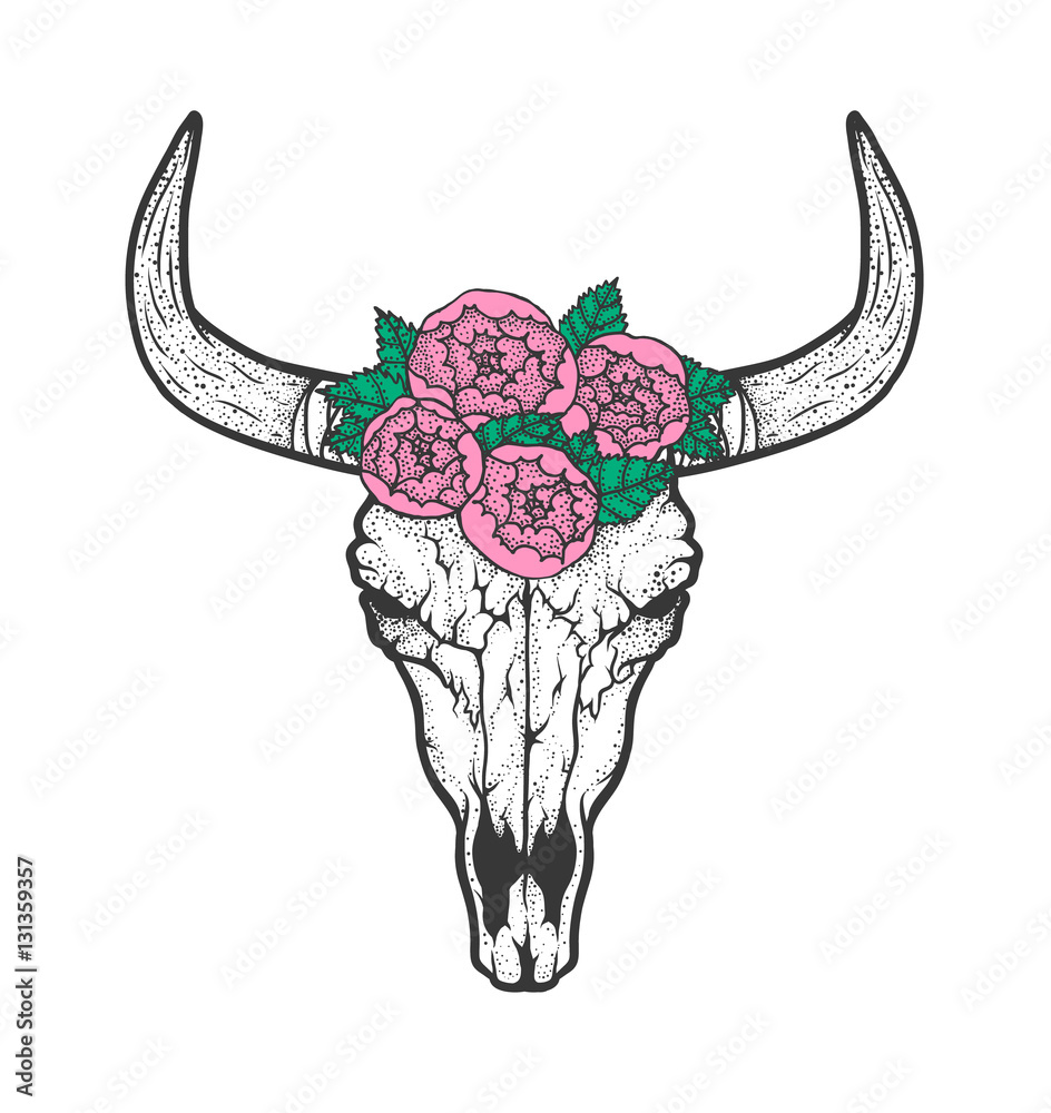 Bison Skull Tattoo Roses
