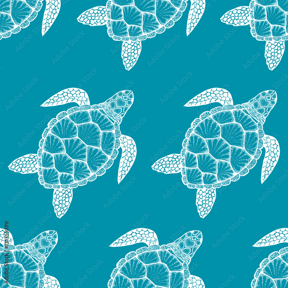 Seamless pattern with sea turtle in line art style. Hand drawn vector ...