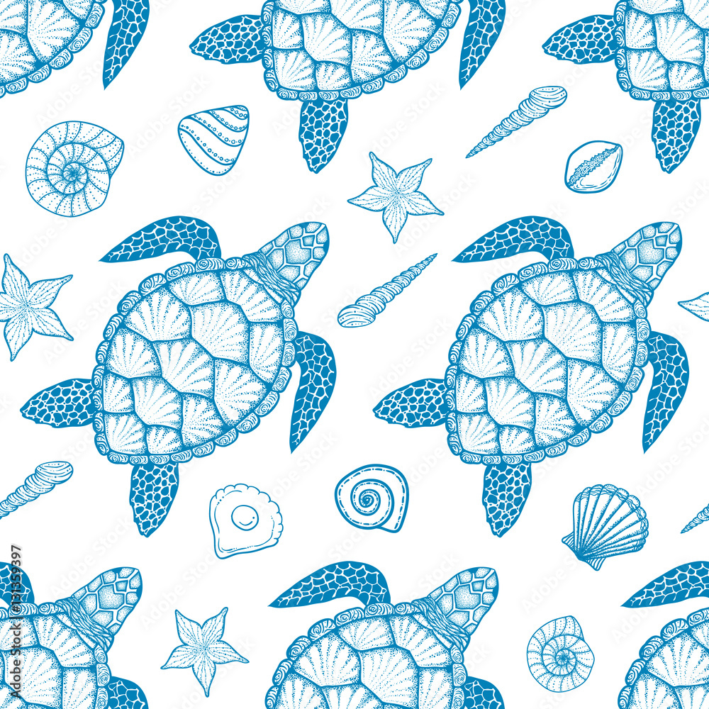 Seamless pattern with sea turtle and shells in line art style. Hand ...