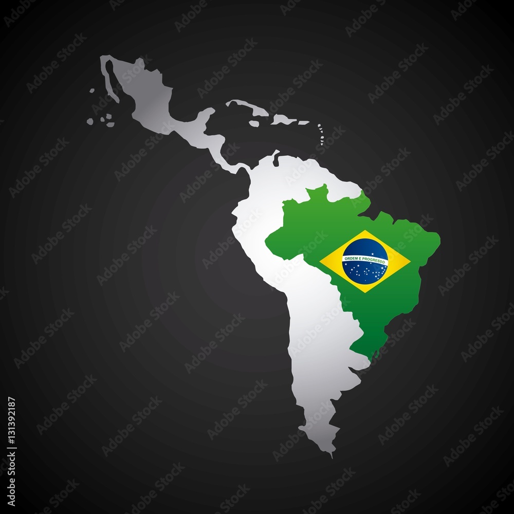 latin america map with the brazil country flag over blue background ...