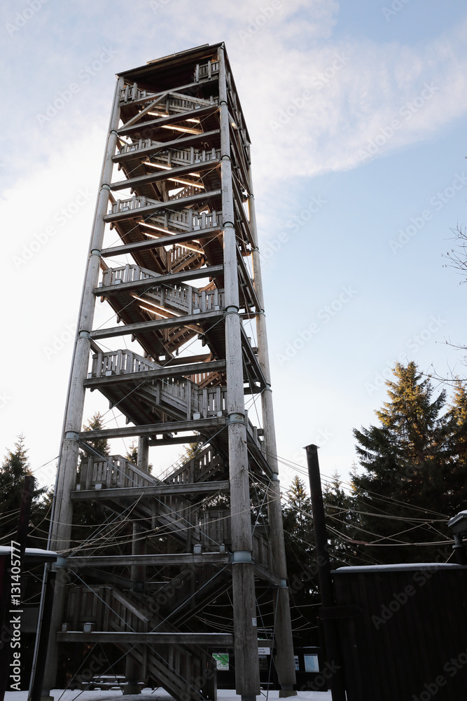 Haidel Lookout Tower. Wooden lookout tower with a view to the Alps and ...