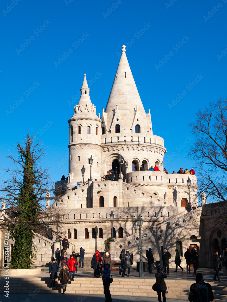 Typical light stone rounded fairy tale towers of Fisherman's Bastion ...