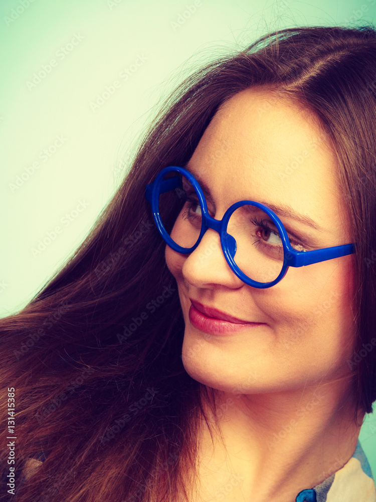Happy smiling nerdy woman in weird glasses Stock Photo | Adobe Stock