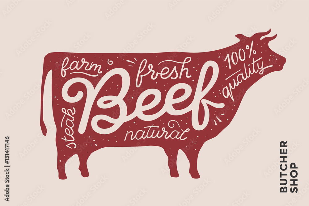 Trendy illustration with red cow silhouette and words Beef, fresh ...