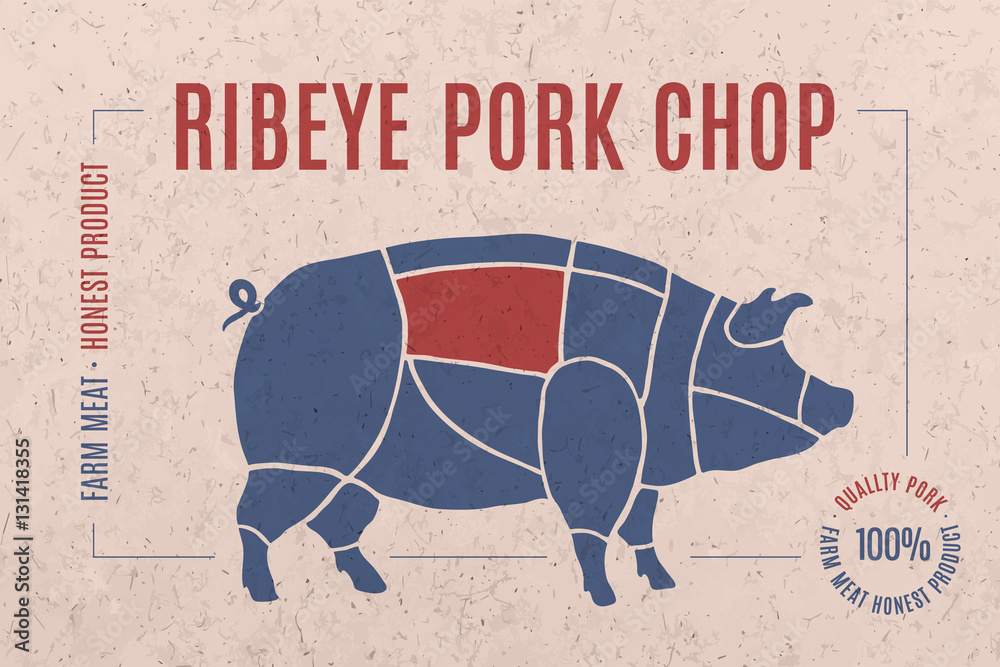Label for pork steak meat cut with text Ribeye Pork Chop. Creative ...