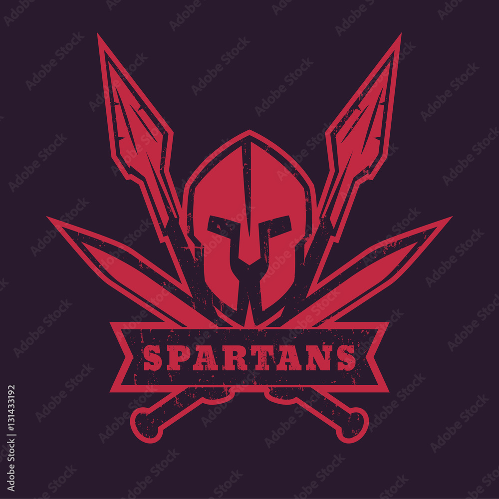 Spartans, logo, badge, emblem with spartan helmet, crossed swords and ...