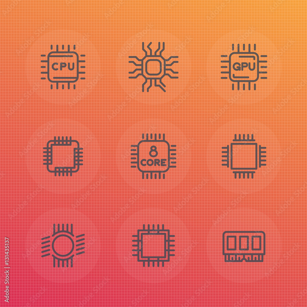 Chipset, cpu line icons set, microchip, gpu, 8 core processor, memory chip vector signs Stock ...