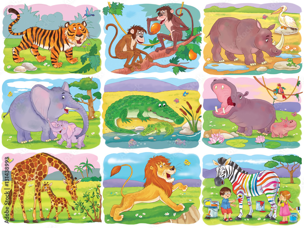 Set of cute African animals. Coloring page. Illustration for children ...