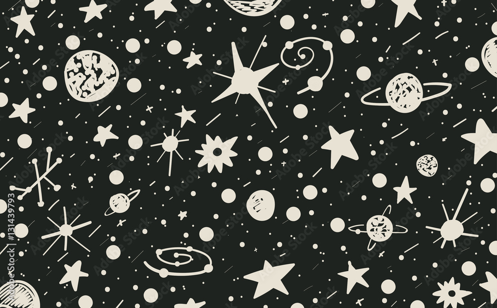 Hand drown scratch style night sky background. Space, stars and planets ...