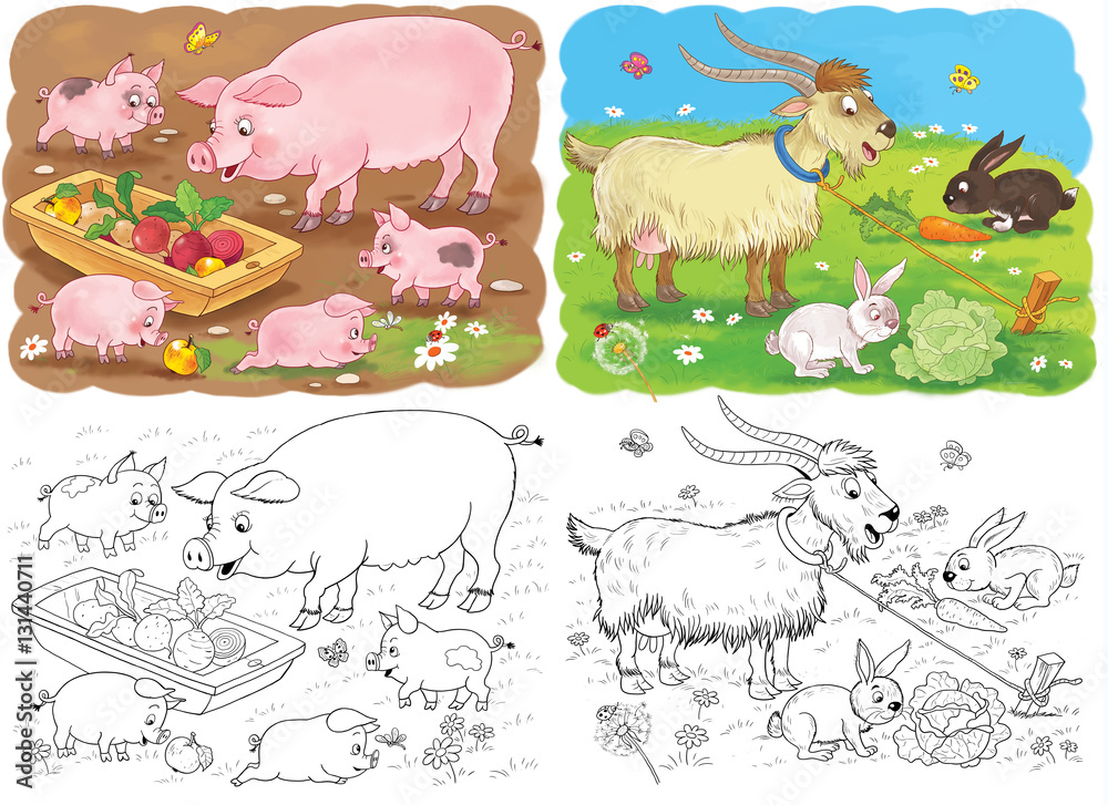 Set of cute farm animals. Coloring page. Pigs, goat and rabbits Stock ...