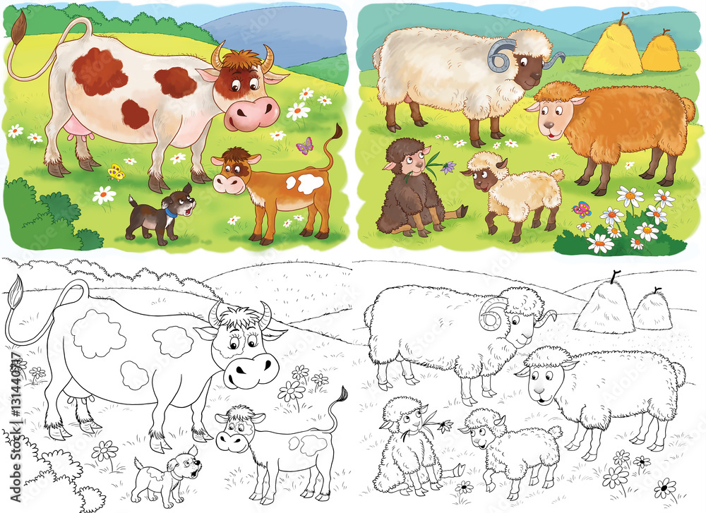 Set of cute farm animals. Coloring page. Cow, calf, sheep Stock ...