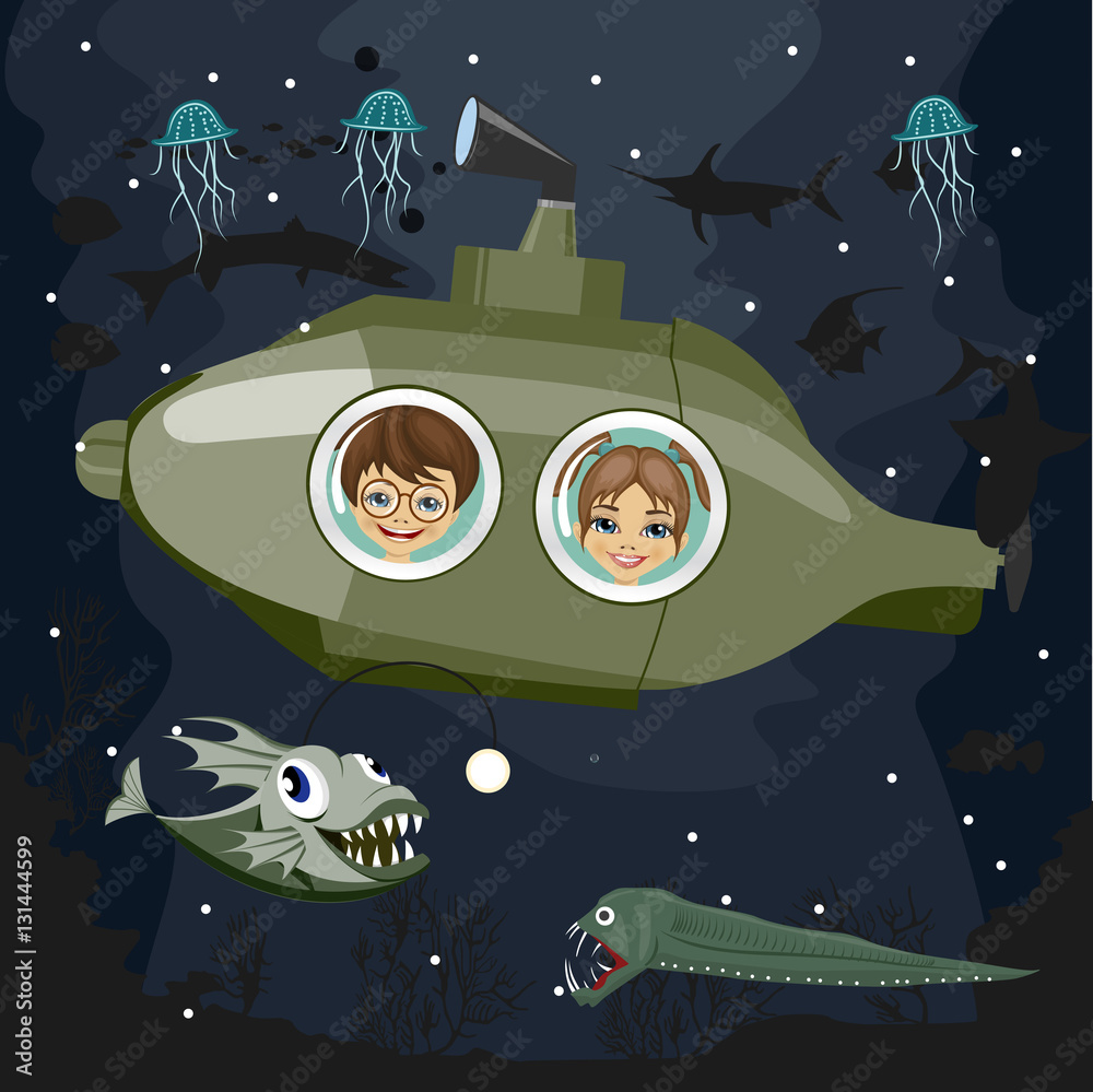 preschool kids in semi submersible sea craf or submarine observing deep ...