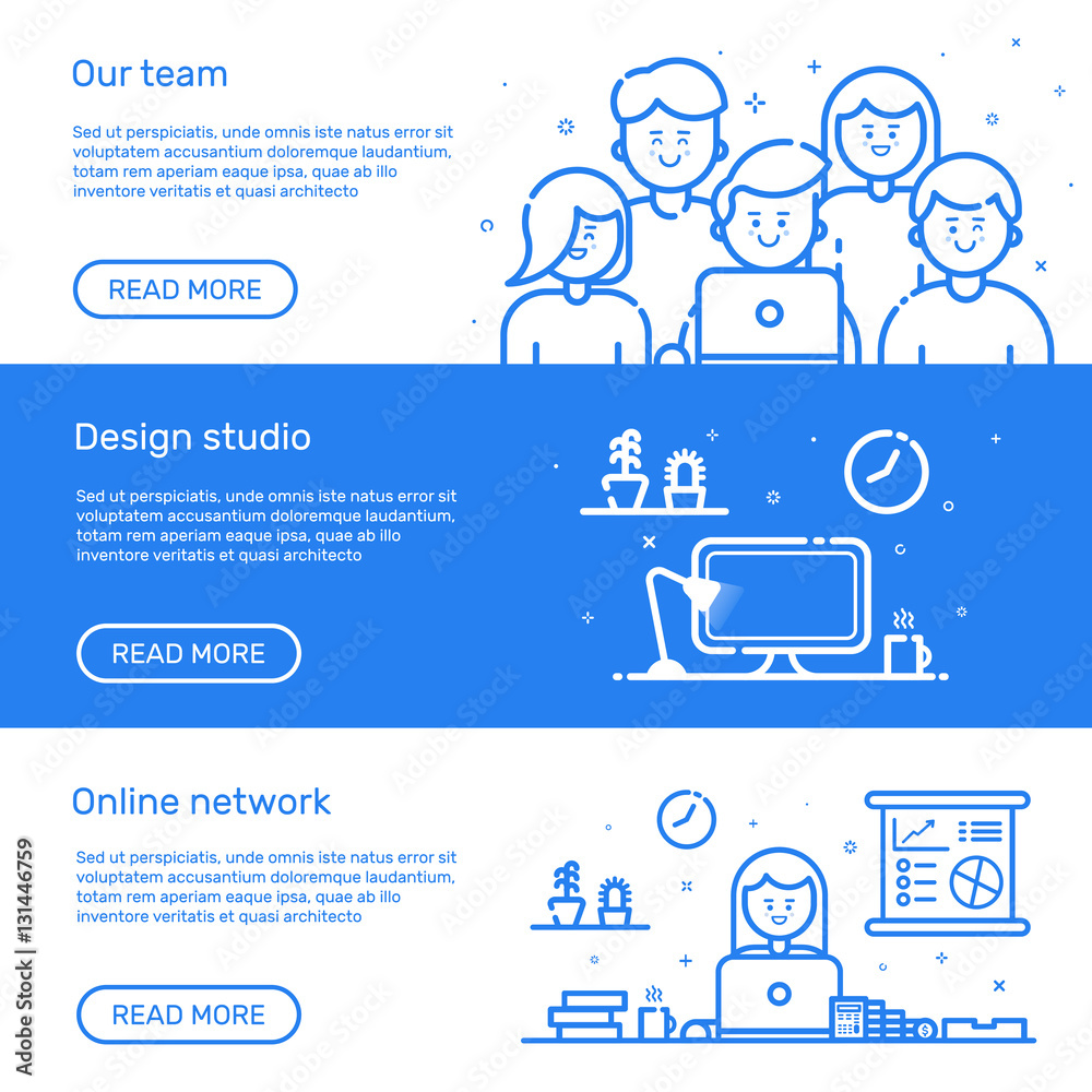 Vector illustration of set website banners with blue icon in flat line ...