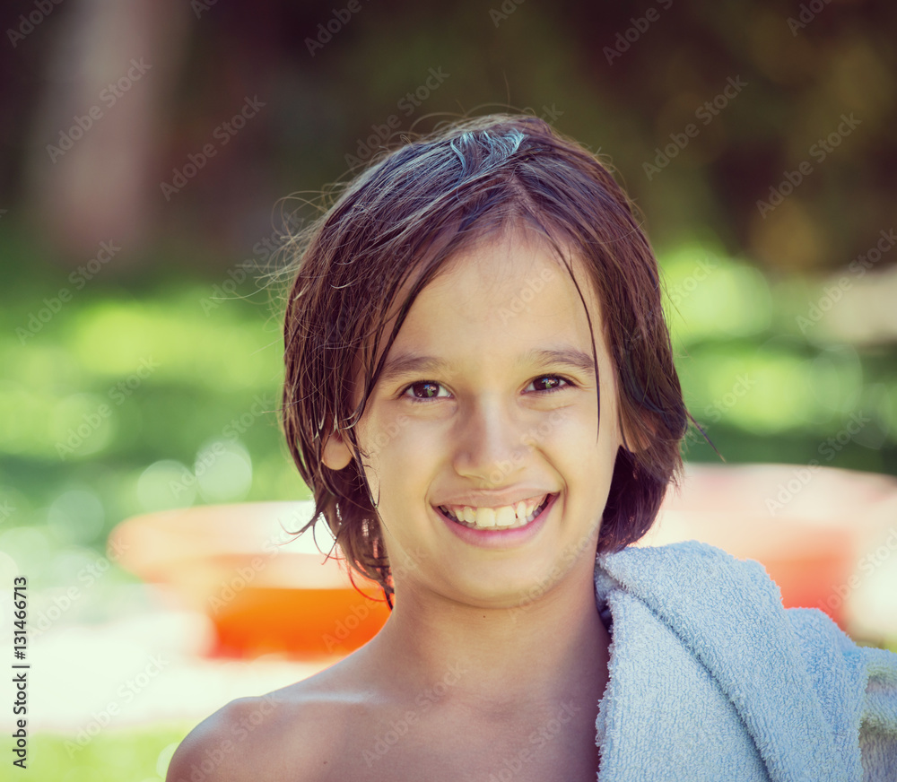 Happy children on summer garden having fun and happy time brushi Stock ...