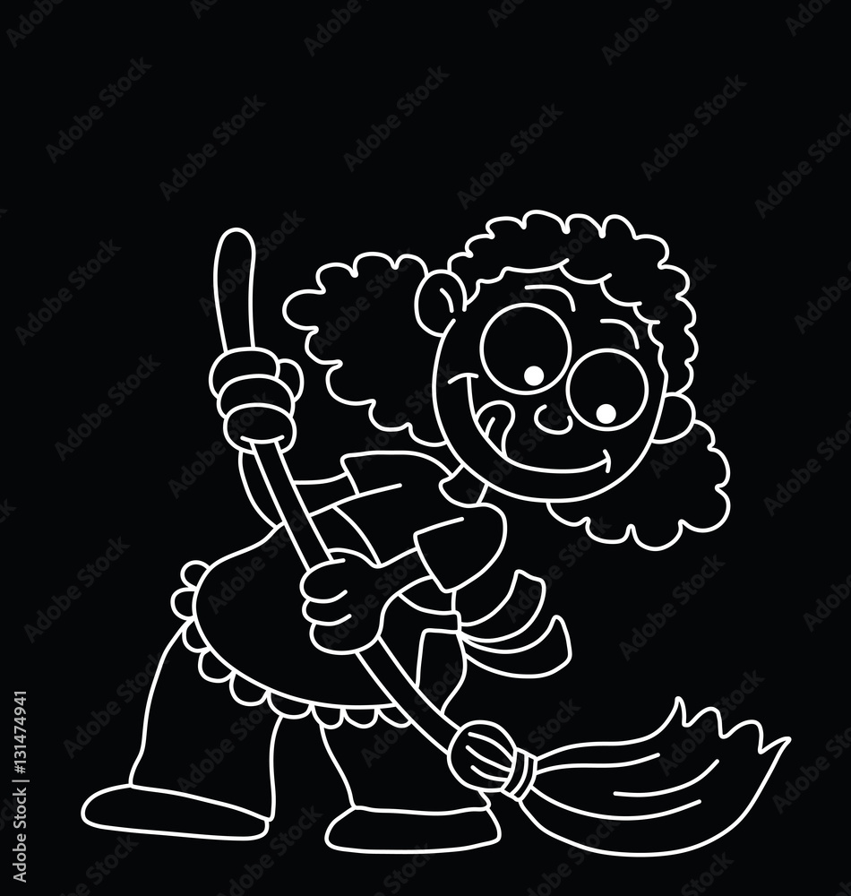 Monochrome outline cartoon housewife cleaning Stock Vector | Adobe Stock