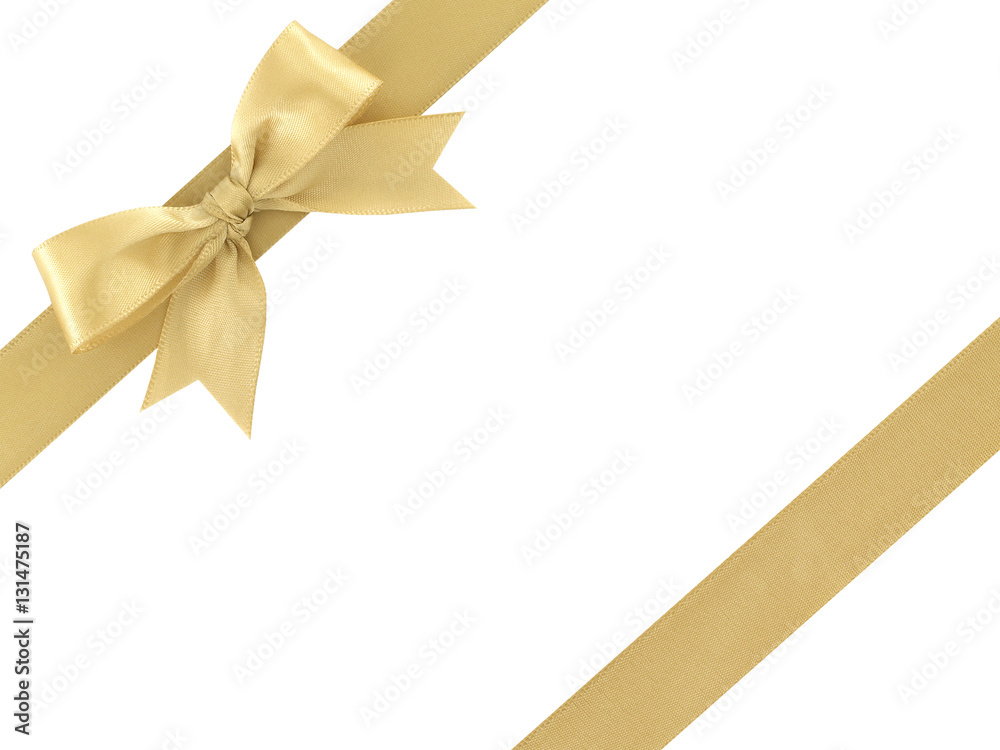 elegant diagonally border gold ribbon bow isolated on white with copy ...