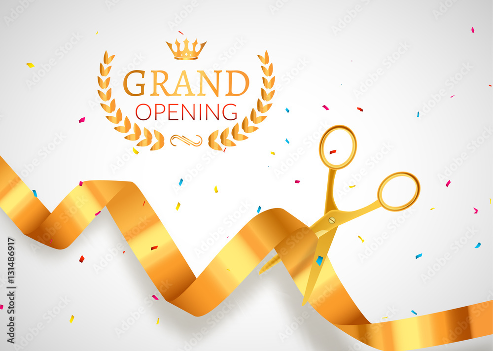 Grand Opening invitation banner. Golden Ribbon cut ceremony event ...