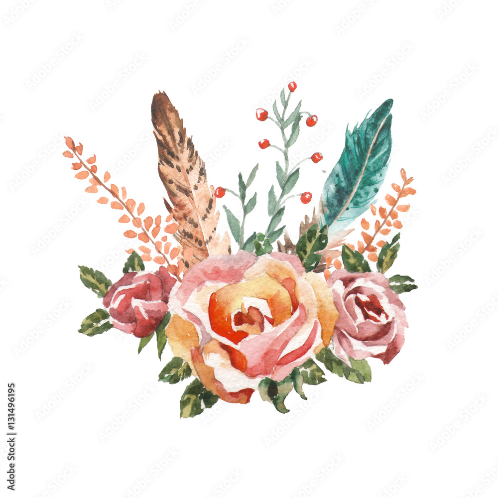 Watercolor vintage floral bouquets. Boho spring flowers and feathers ...