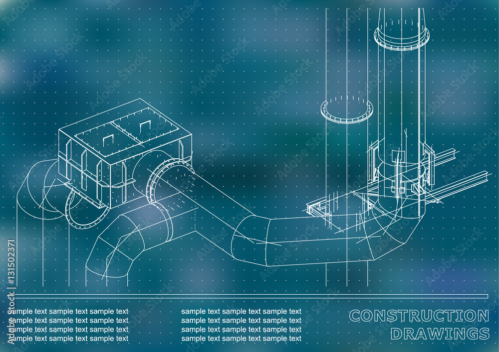 Construction drawings. 3D metal construction. Pipes, piping. White and ...