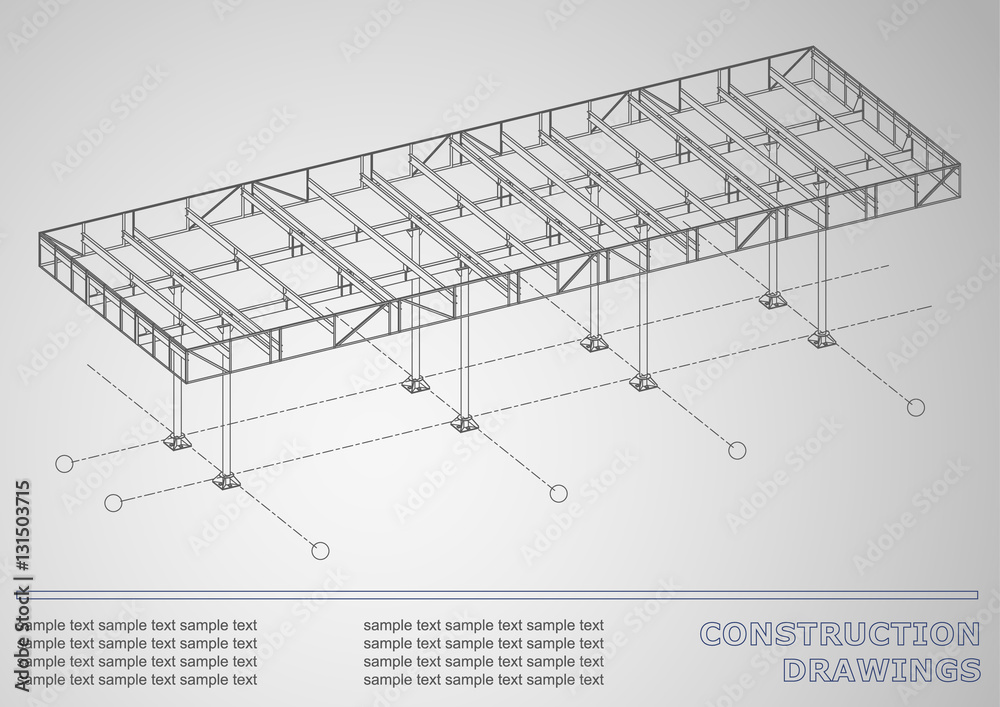 Construction drawings. 3D metal construction. Cover, gray background ...
