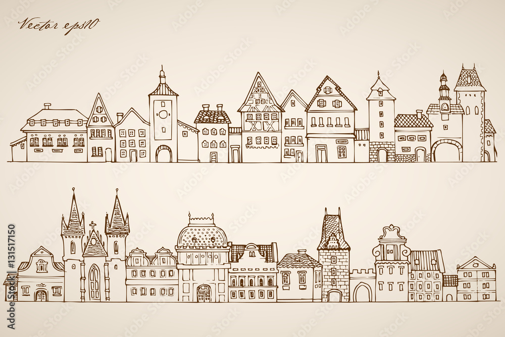 Engraving hand vector city street architecture Stock Vector | Adobe Stock