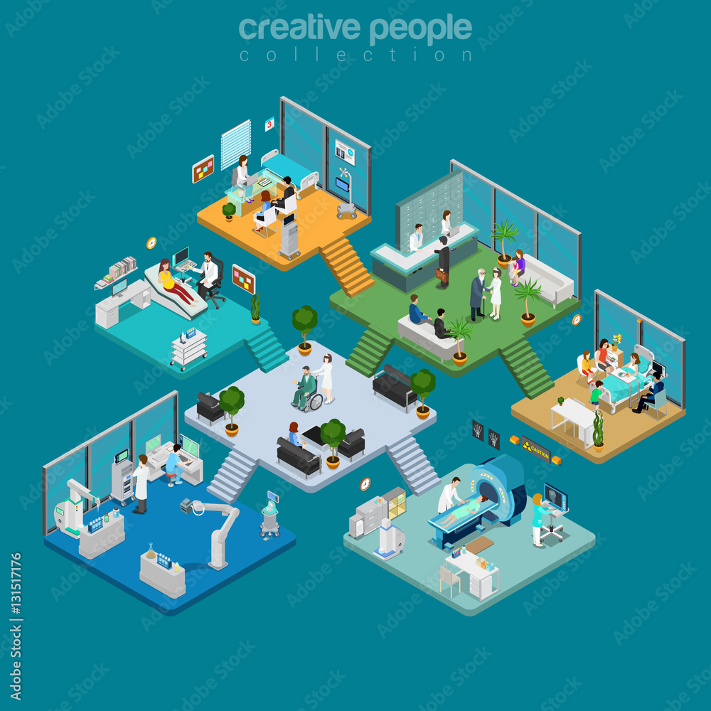 Flat isometric Medical centre interior vector. 3d health care Stock ...
