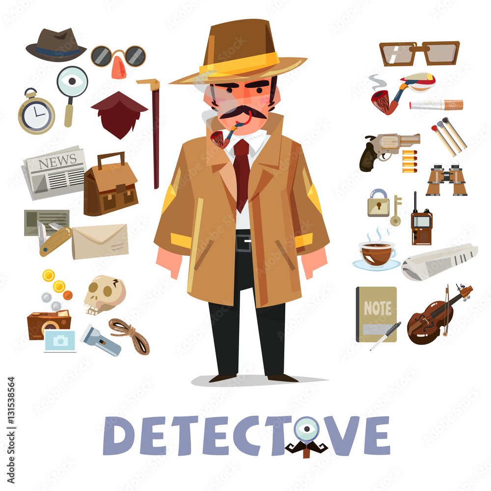 detective character design with equipment. icon set elements - v Stock ...