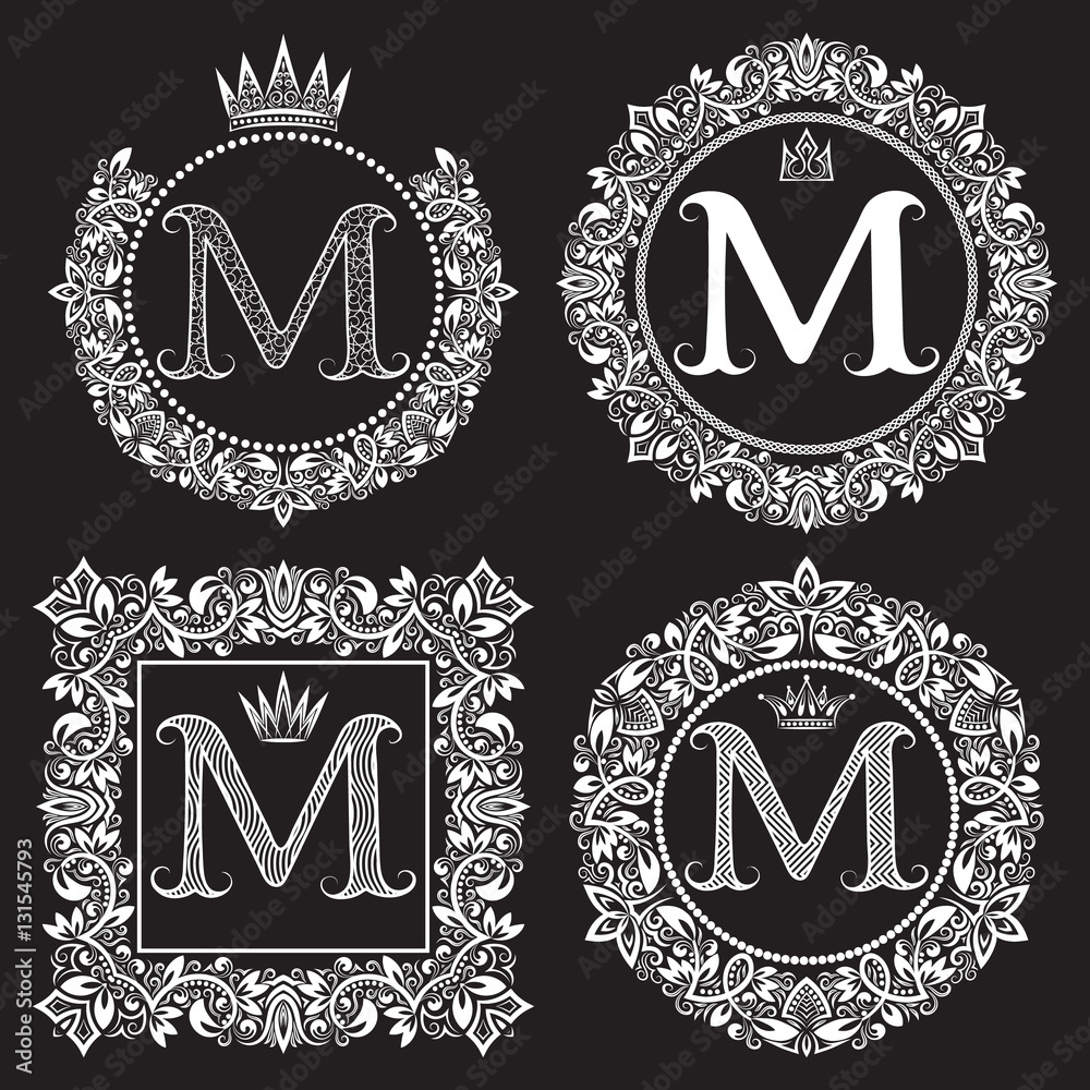Vintage monograms set of M letter. Heraldic coats of arms in wreaths ...
