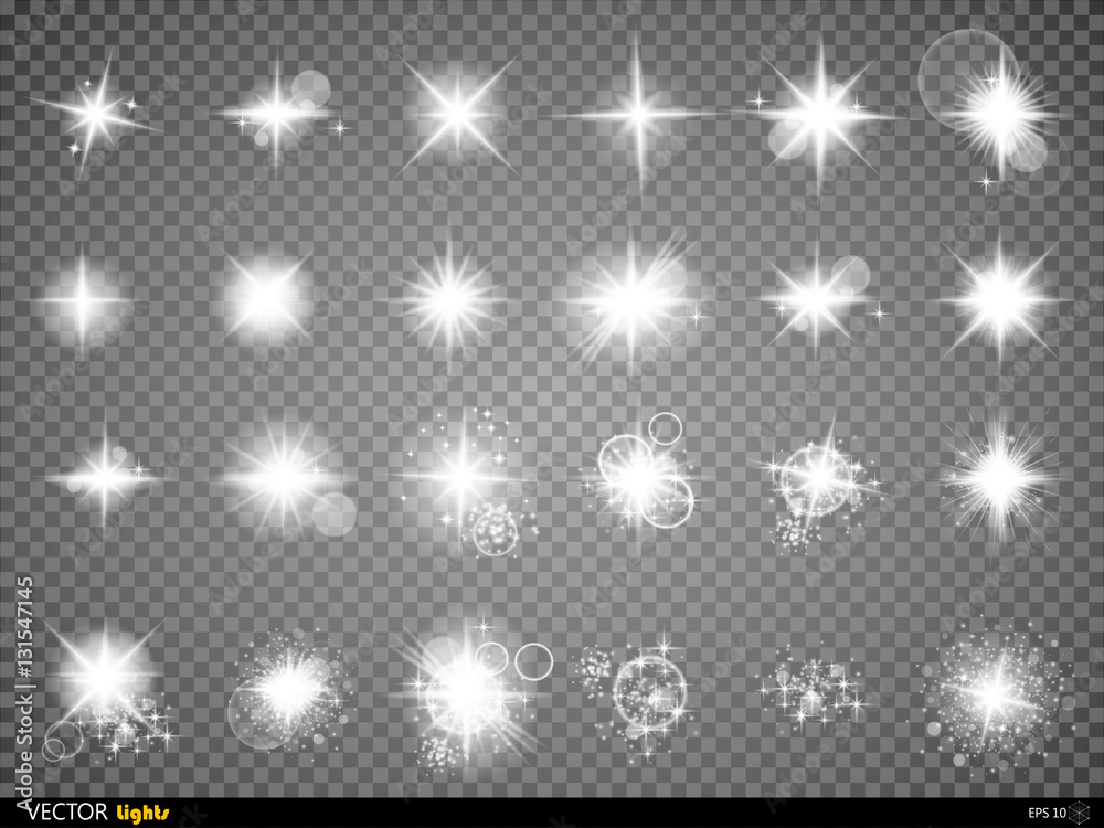 Set of Vector glowing light effect stars bursts with sparkles on transparent background ...