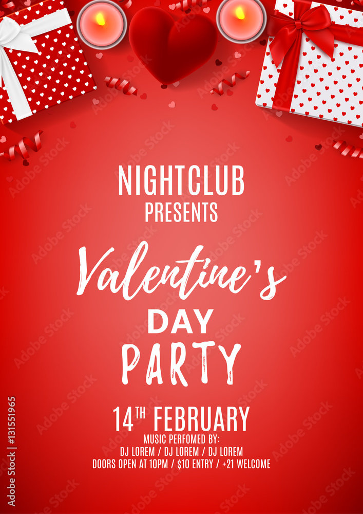 Red party flyer for Happy Valentine's Day. Top view on gift boxes and ...