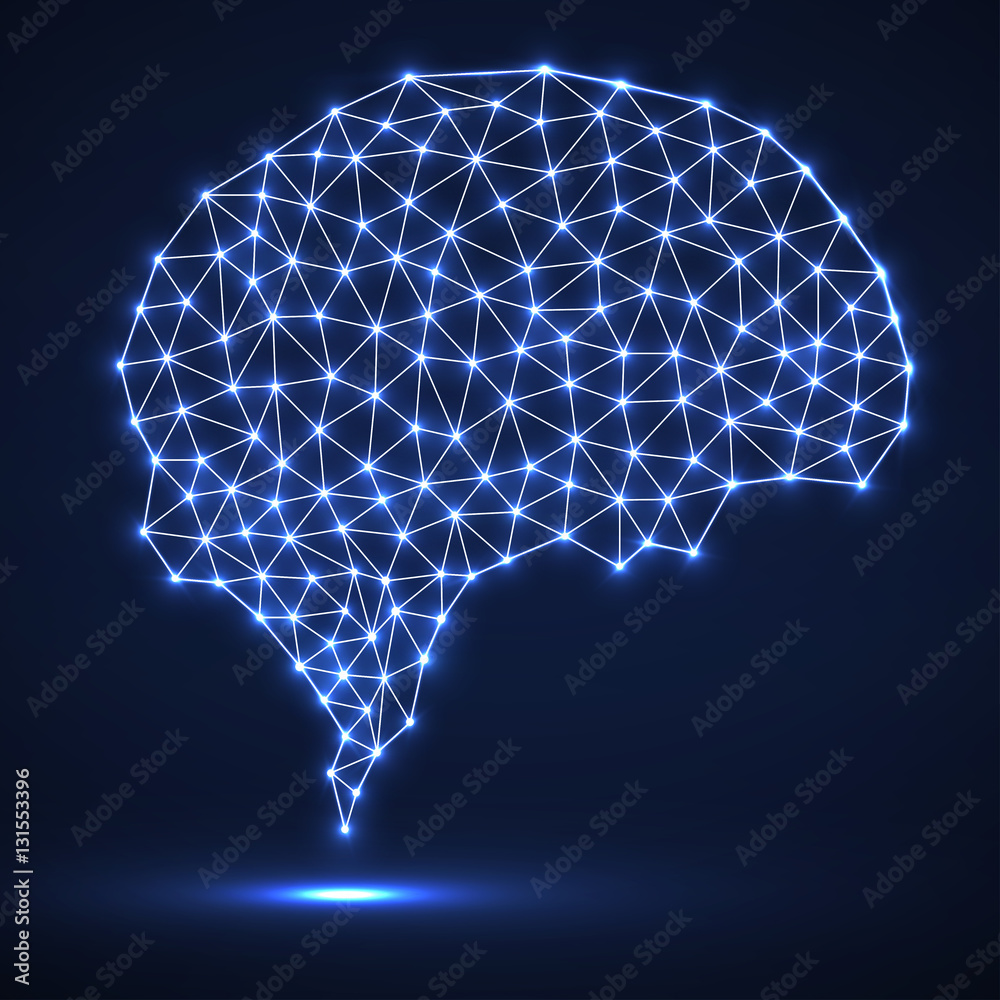 Abstract polygonal brain with glowing dots and lines, network ...