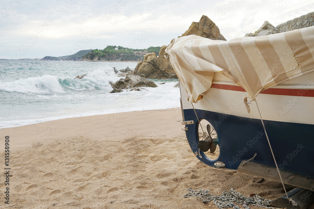 Close up view of boat on sand near sea Stock-Foto | Adobe Stock