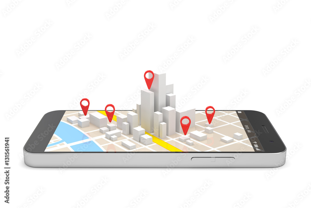 Mobile GPS navigation concept, Smartphone with city map application and marker pin pointer. 3D ...