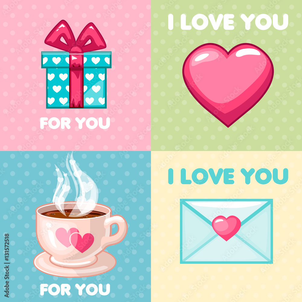 Cartoon love icons collection, pack of nice valentine greeting cards ...