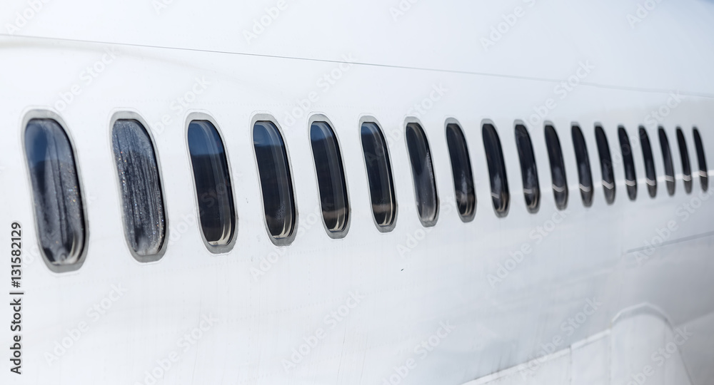 Passenger aircraft windows. View with perspective from outside. Stock ...
