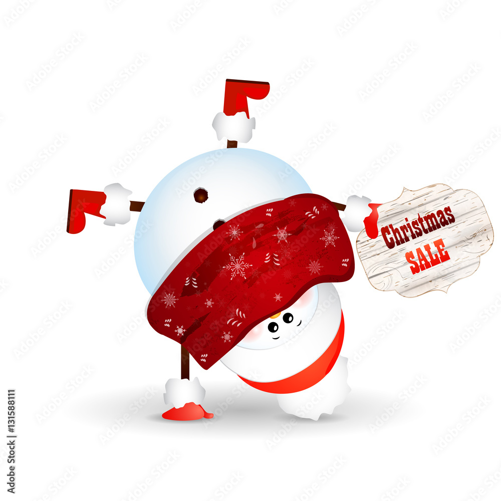 Christmas Cute Snowman standing on his arm isolated on white background ...