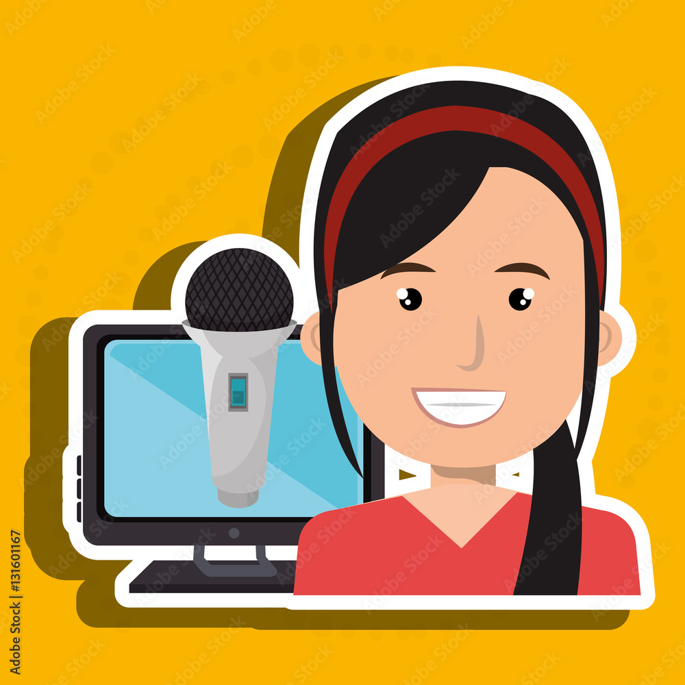 woman cartoon speak microphone screen pc vector illustration Stock ...