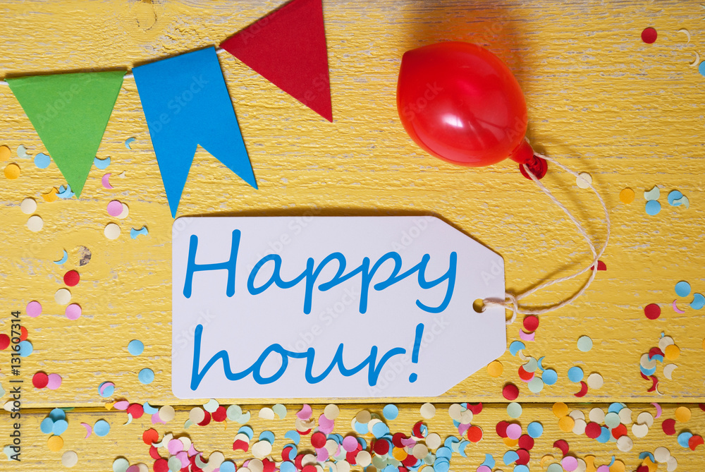 Party Label, Confetti, Balloon, Text Happy Hour Stock Photo | Adobe Stock