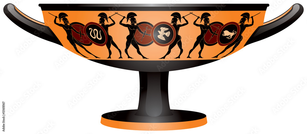 Warriors on the Ancient Greece Kylix drinking cup, black-figure vase ...