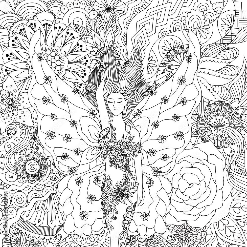 Beautiful fairy girl sleeping on flowers for adult coloring book. Stock ...