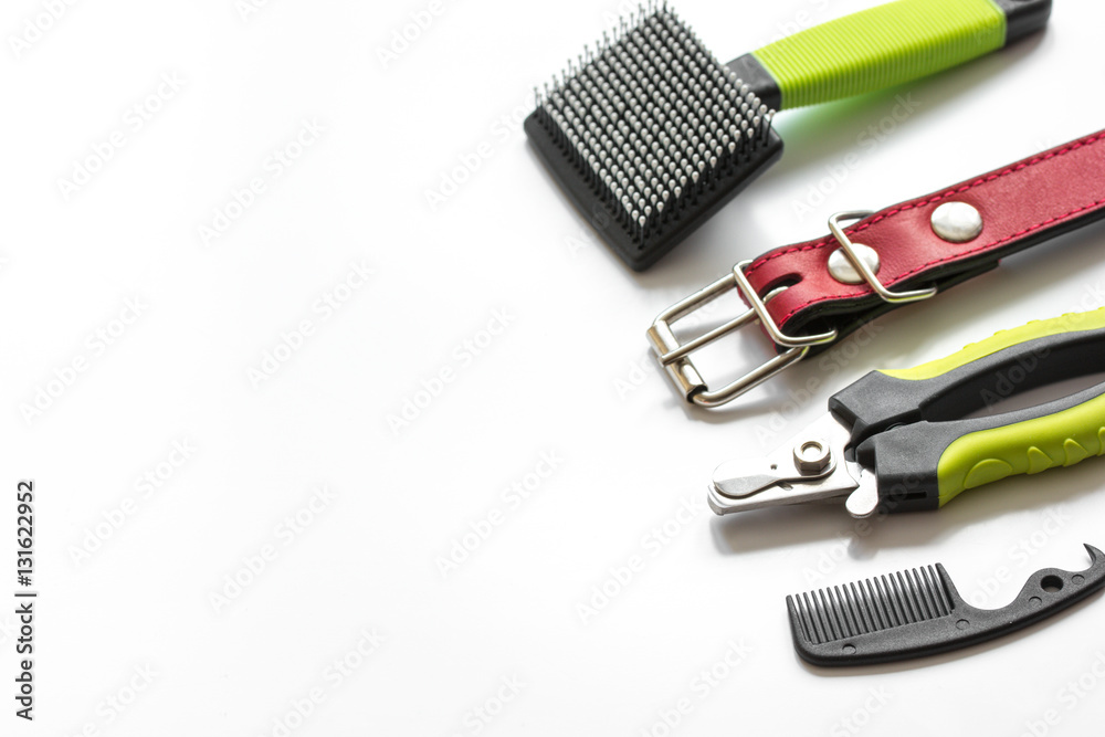 concept pet care and grooming on white background top view Stock-Foto ...