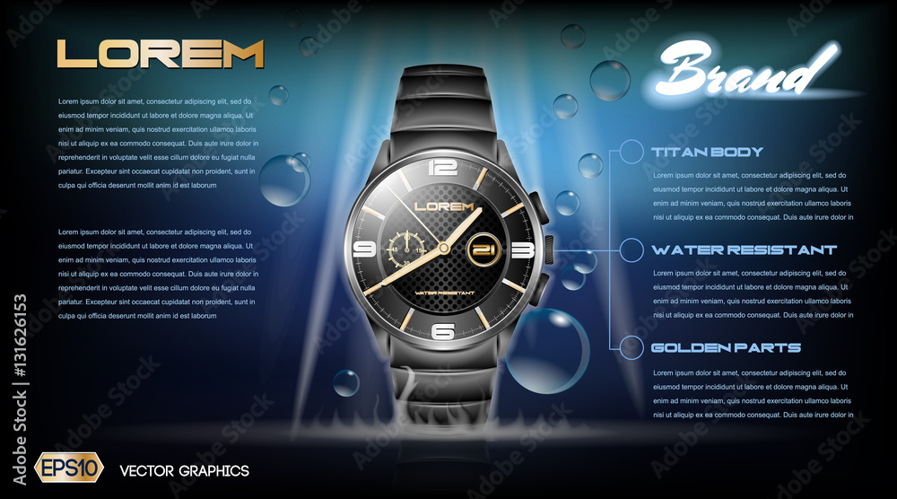 Digital vector dark silver classic man watch mockup with blue bubbles ...