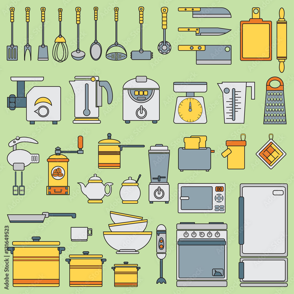 Line flat vector kitchenware icons set. Cutlery tools. Cartoon style ...