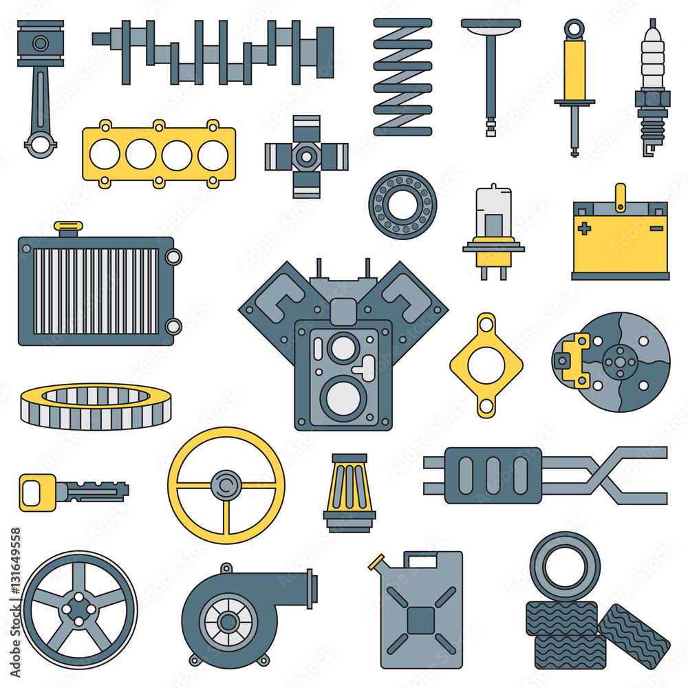 Line flat color vector icon car parts set with undercarriage end ...