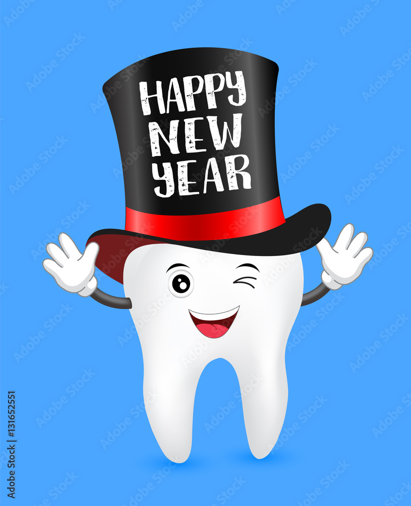 Cute cartoon tooth character wearing a Happy New Year hat. Illustration ...