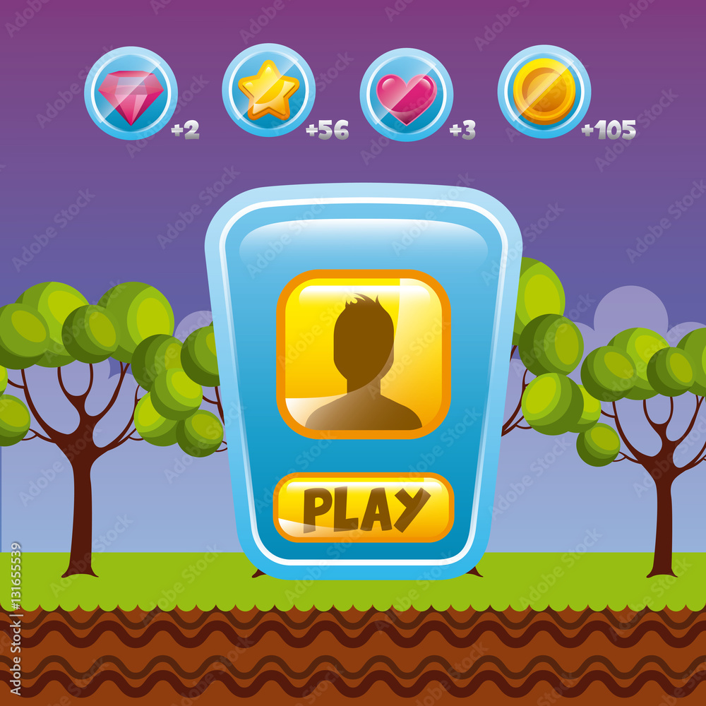 video game interface with user icon over trees background. colorful ...