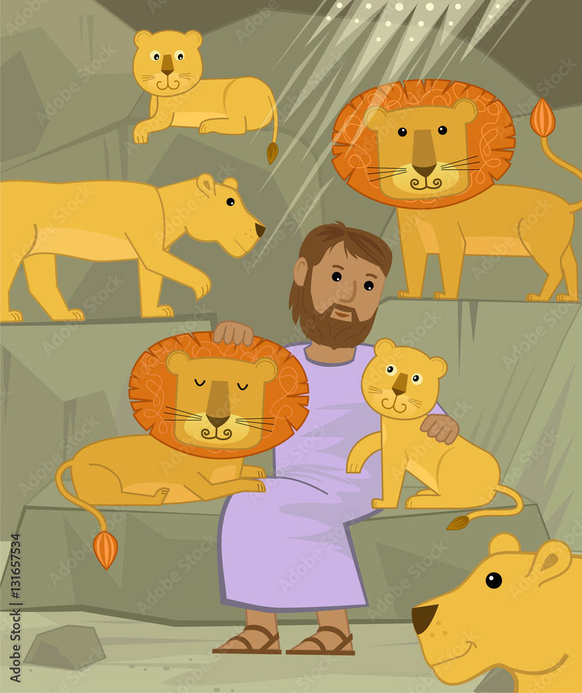 Daniel With Lions - Cute illustration of Daniel in the lions den. Eps10 ...