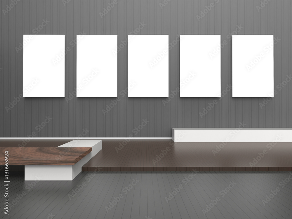 Exhibition Gallery empty modern room and five Picture frame on Black ...