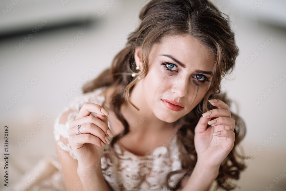 Portrait Of The Bride Crying Sadness Streaks Of Ink Natural Light